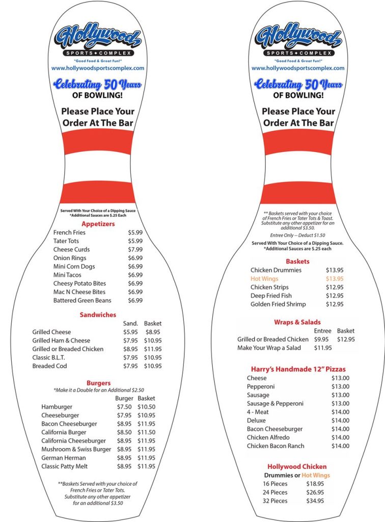 Bar Menu - Hollywood Sports Complex
